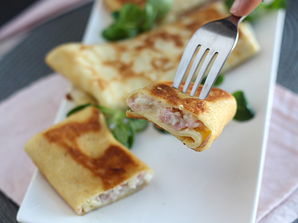 Receta de crepes con bechamel, queso y jamón