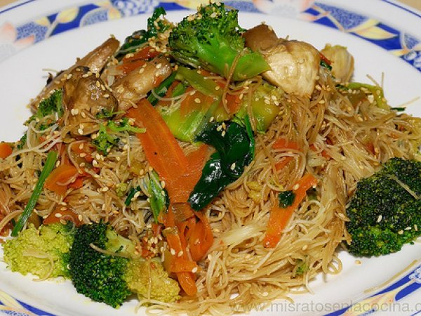 Receta de fideos de arroz con verduras