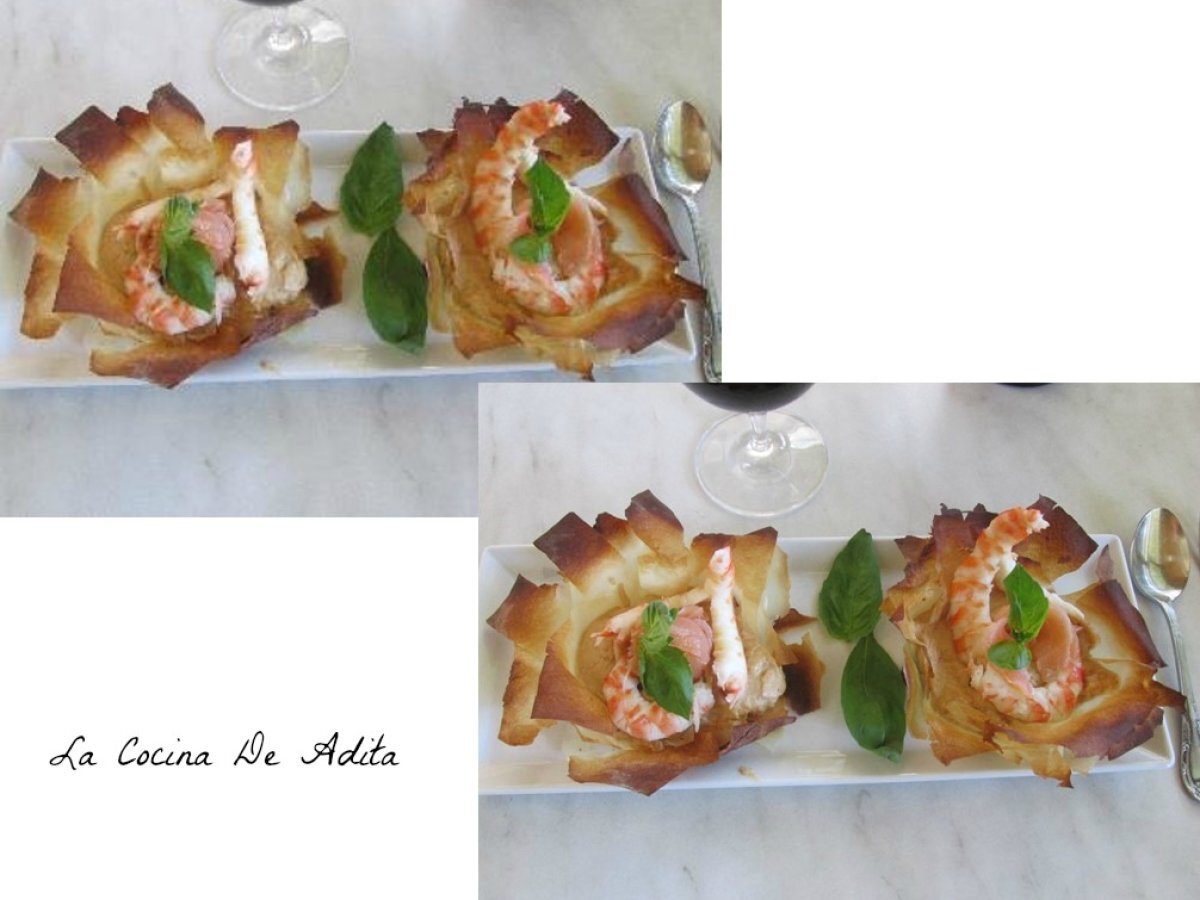 Receta de flores de pasta filo con langostinos fáciles