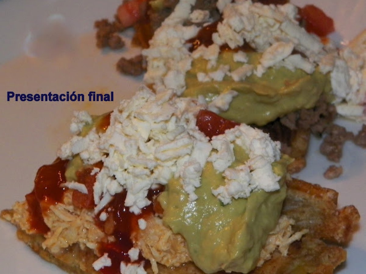 Plátano macho verde frito (tostón, patacón) con carne picada y pollo ...